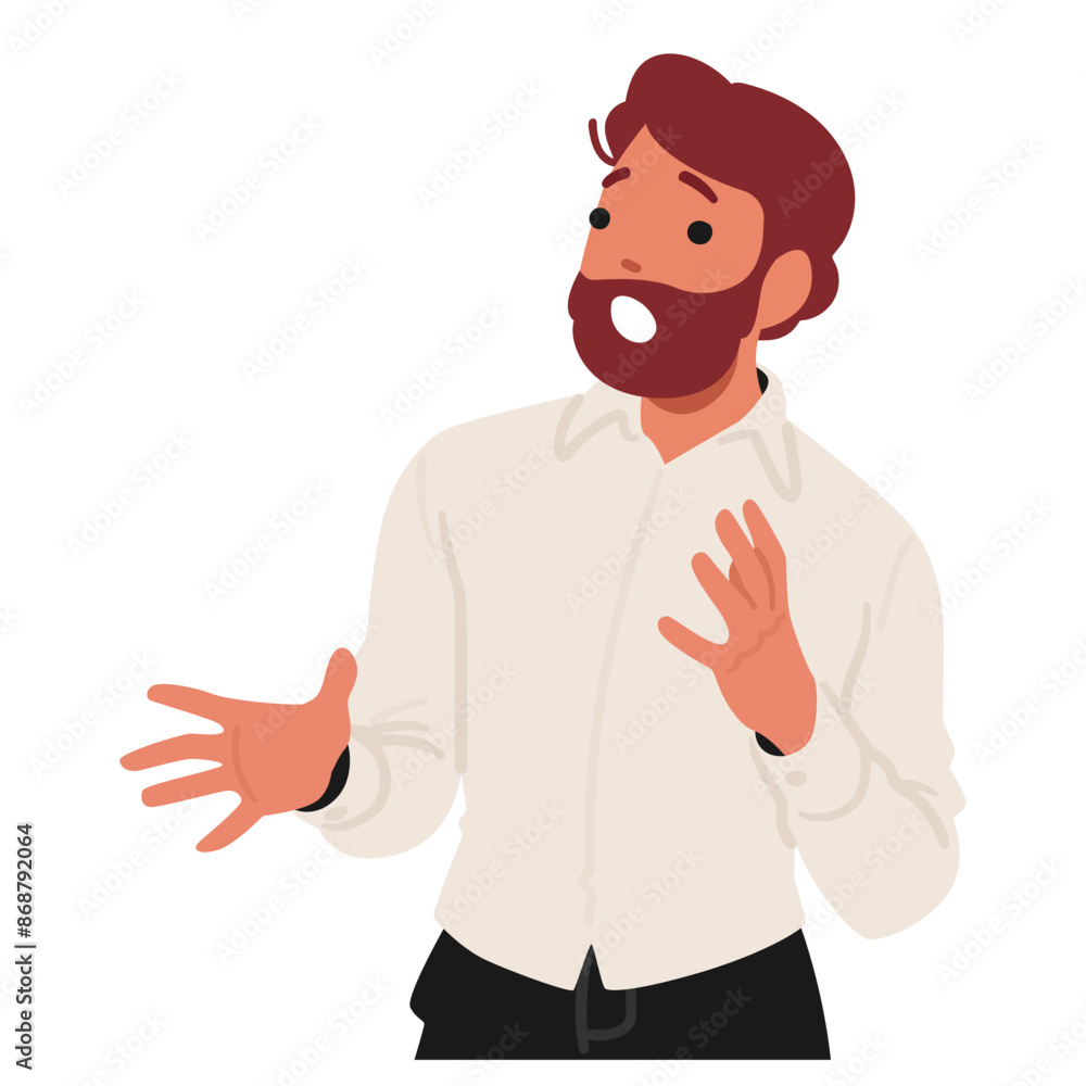 Cartoon Man With A Beard Wearing A White Shirt, Expressing Shock And ...