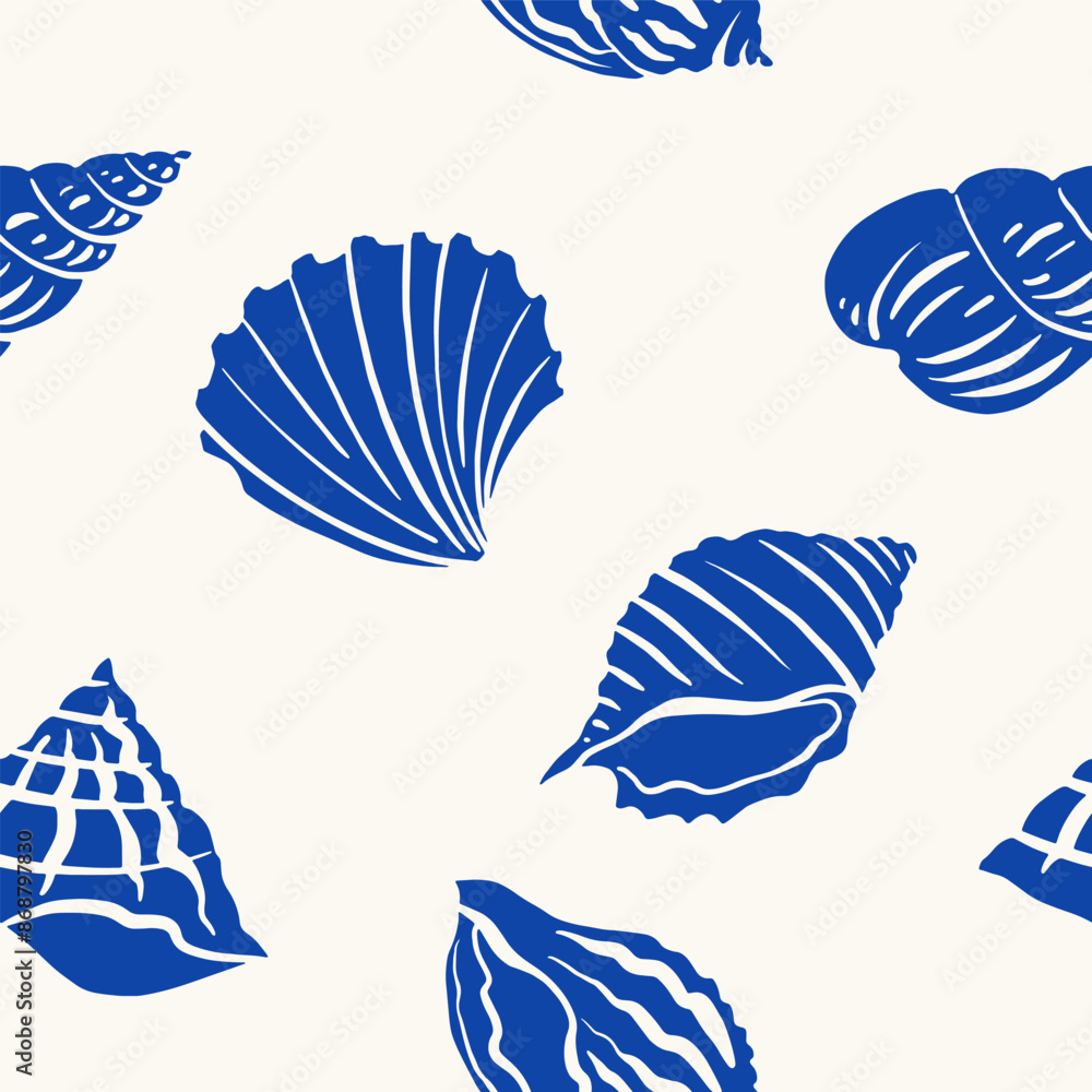 Seamless background of sea blue shells. Shell patern with stamp effect ...