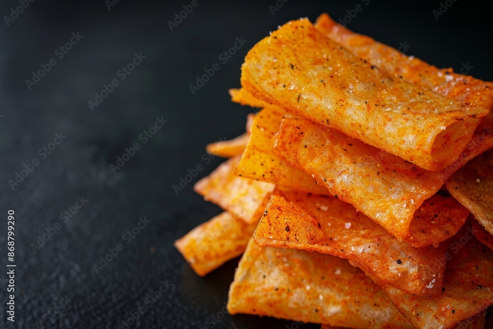 Spiced and salted tapioca chips fried and spicy on black background ...