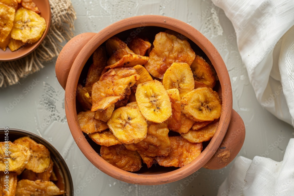 Banana chips and Kaya Varuthathu Kerala fried snacks in clay pot on ...