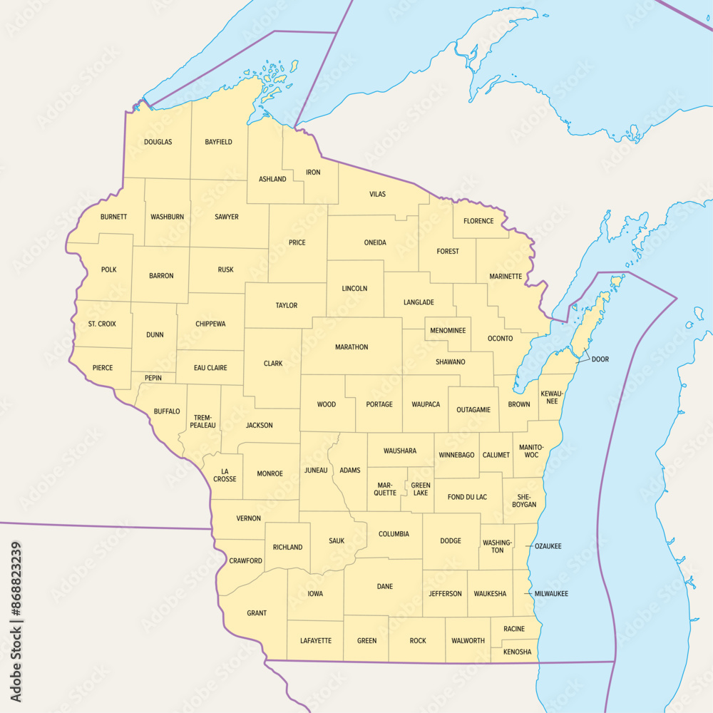Image vectorielle Stock Wisconsin counties, political map. A state in ...