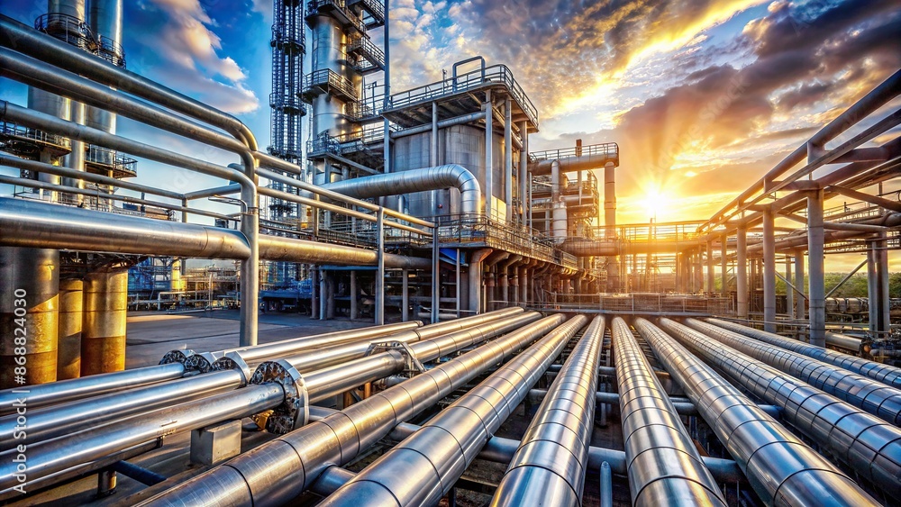 "Massive steel pipeline and pipe rack infrastructure stretches across ...