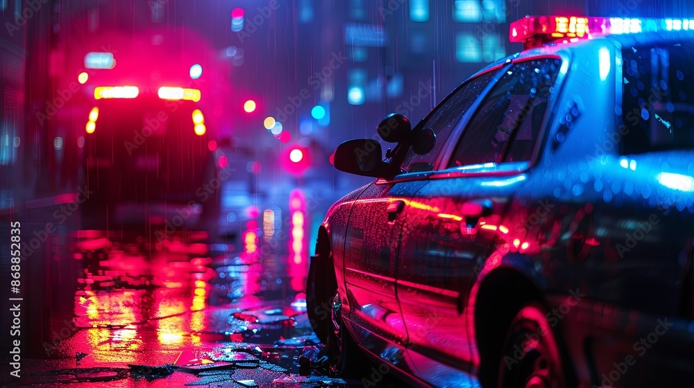 Urban Street Patrol with Police Car at Crime Scene Investigation, Law ...