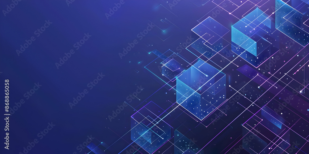 Abstract blockchain technology background with interconnected digital blocks on a blue gradient ...