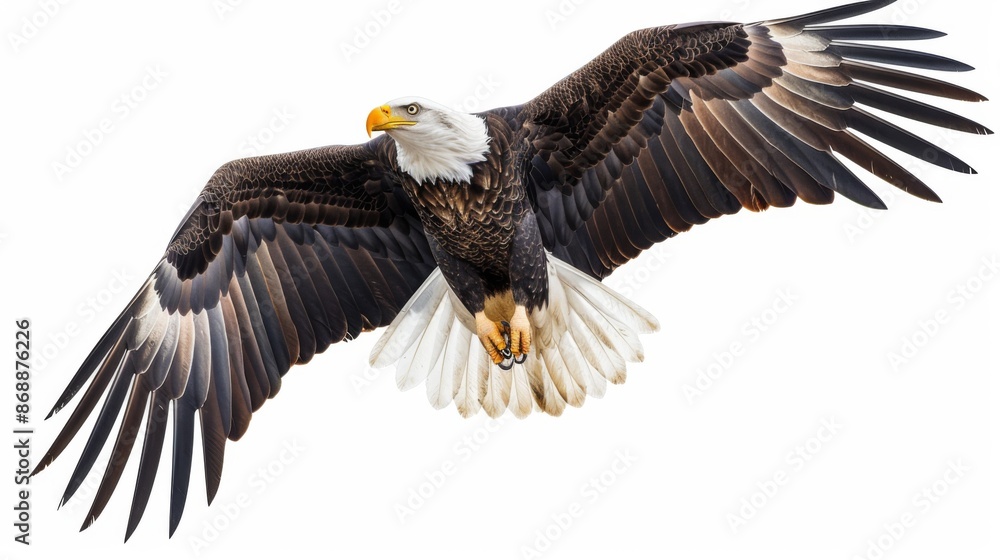 This image shows a majestic Bald Eagle with its wings fully spread as it soars through the clear ...