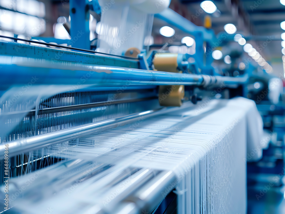 Weaving equipment, textile industry, blue framework, detailed machinery ...