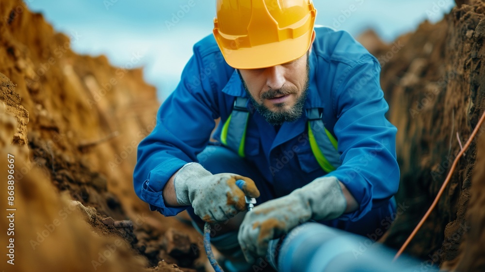 Realistic plumber working on underground pipes, in a trench using pipe ...