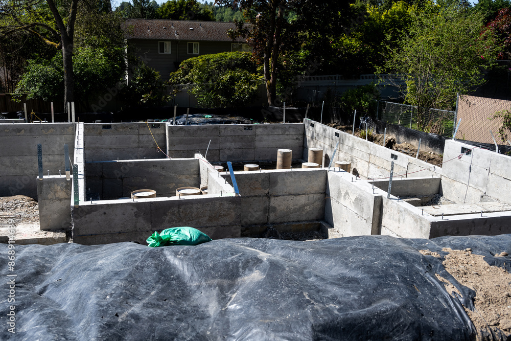 New residential home construction site, freshly poured concrete ...
