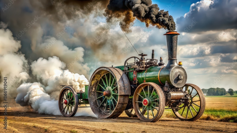 Old steam engine tractor emitting steam and smoke, steam engine ...