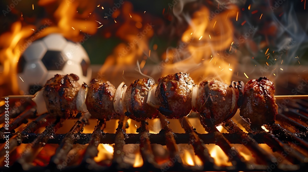 Sizzling kebab cooking on a barbecue grill with a soccer ball and ...