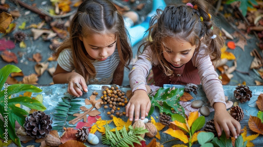 Children creating art from natural elements like leaves, sticks, and ...