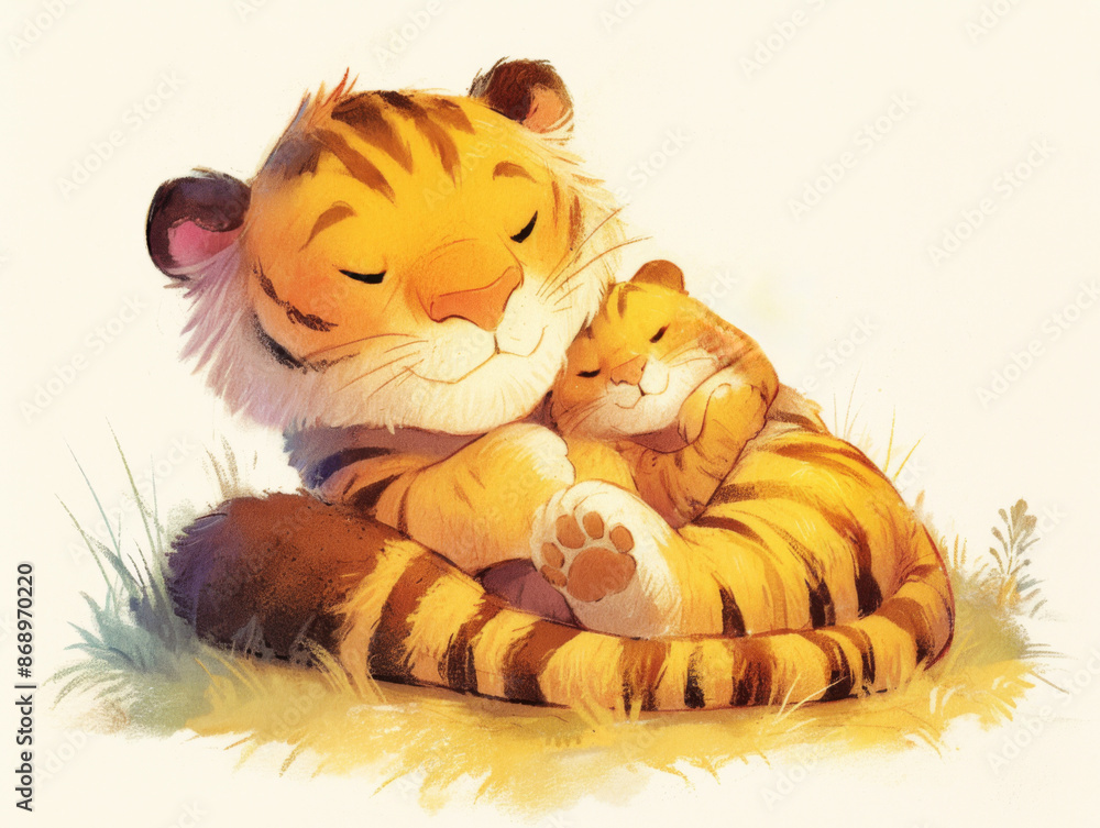 Father tiger hugs his baby while sleeping together, illustration about ...