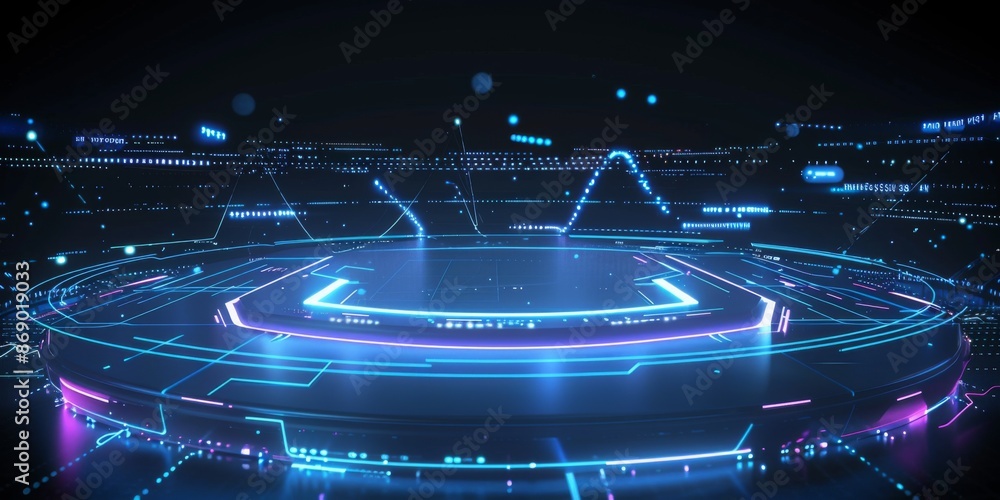 Illuminated platform with vibrant shades of blue and purple neon lights ...