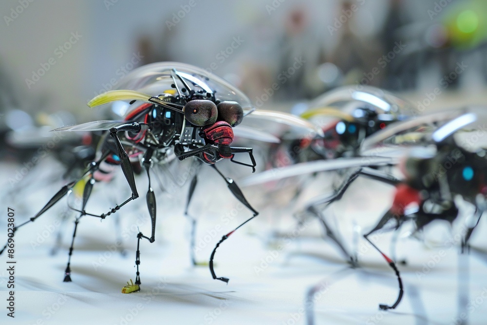 Capture a group of robotic insects in action showcasing the precision and efficiency of their ...