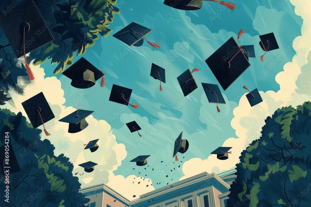 Group of graduates joyfully throwing their caps in the air to celebrate ...