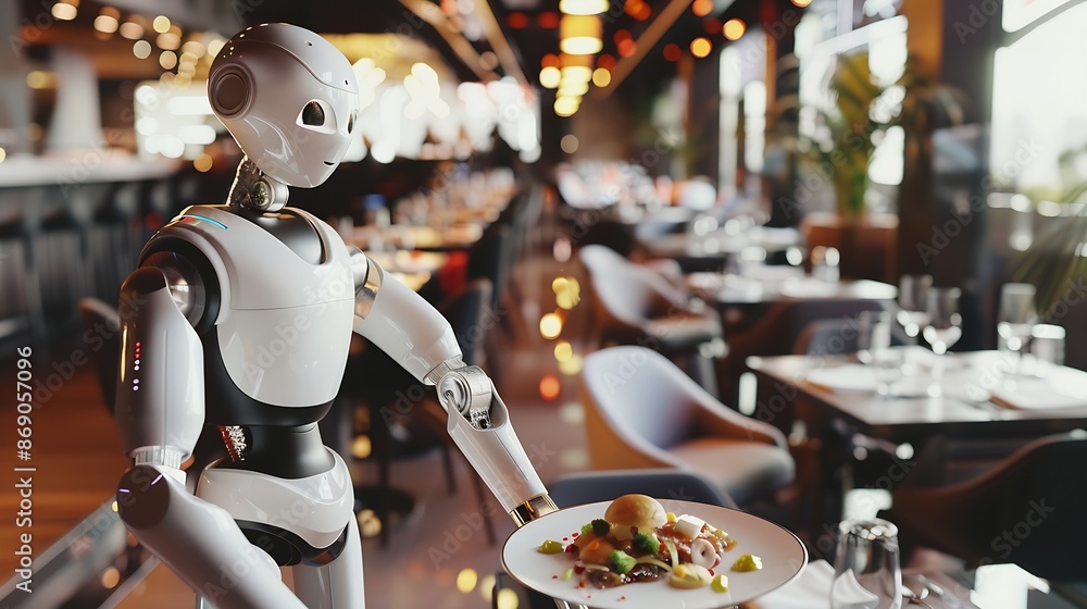 Robot waiter serve food at modern restaurant tableOffering innovation ...