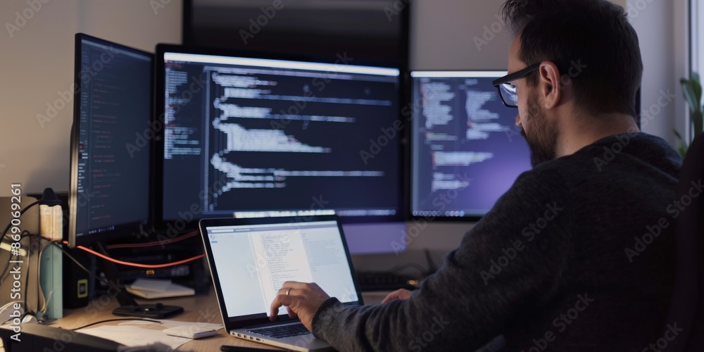 A programmer intensely works on coding at a desk, utilizing a laptop ...