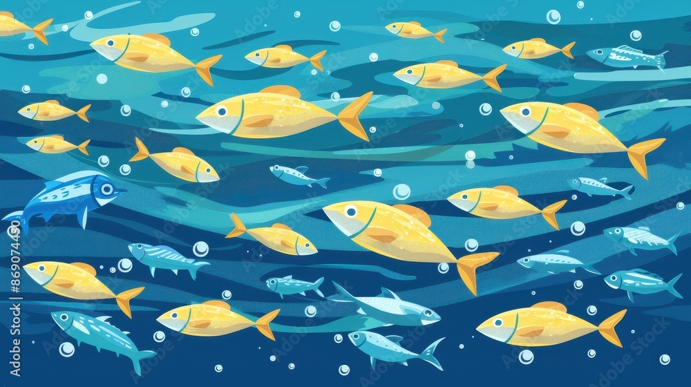 A cartoon illustration of colorful fish swimming in the ocean Stock ...