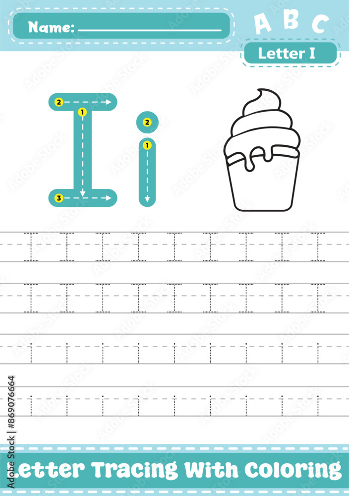 Letter I Uppercase Lowercase Tracing Worksheet with Coloring Apple ...