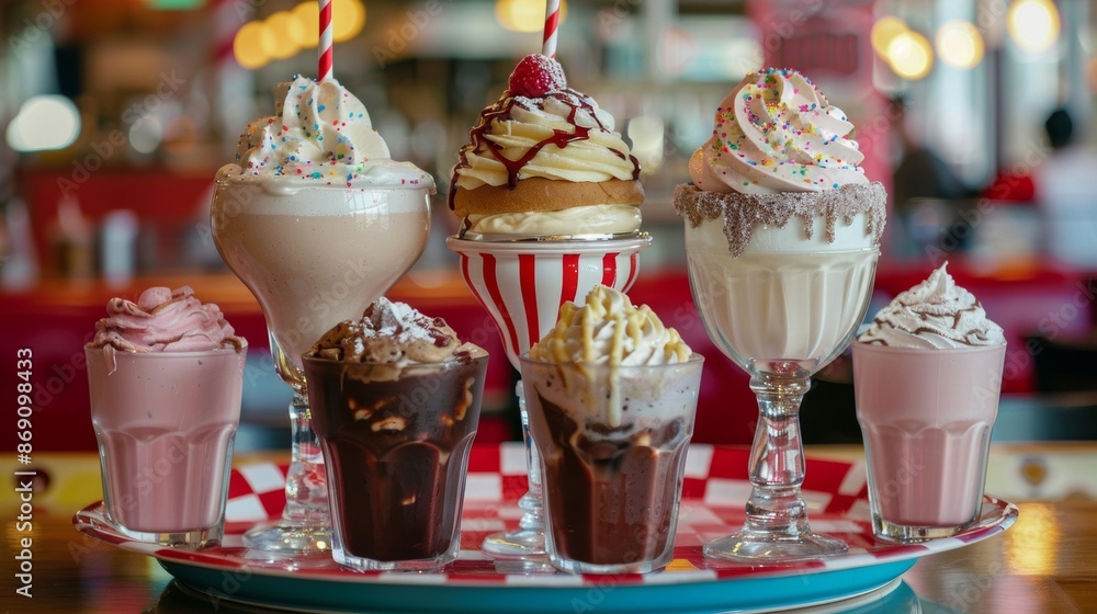 Retro 1950s diner-themed dessert tray with milkshakes, showcasing a ...