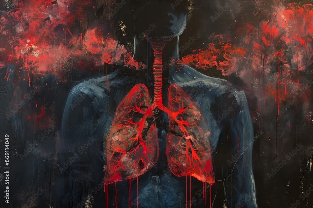 A painting depicting a human body with extensive blood flowing out ...