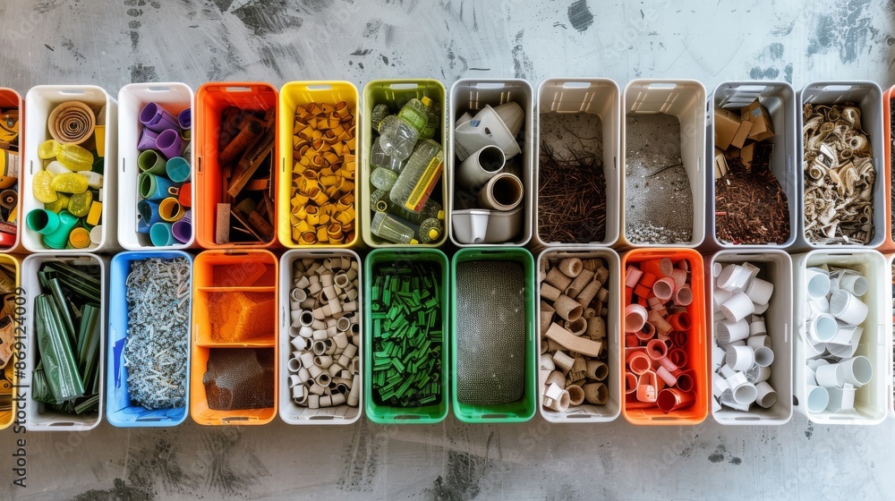 An overhead view shows a waste sorting station with labeled bins for ...