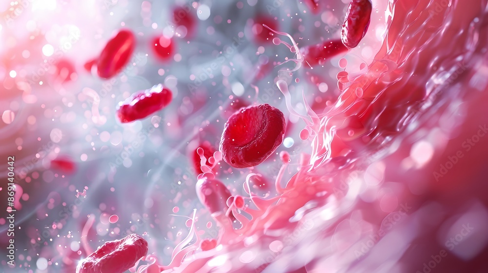 Red blood cells moving through a vein, with an abstract, flowing ...