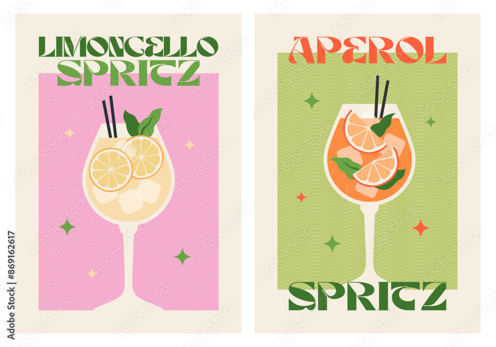 Poster drink set. Cocktail arts. Retro posters with alcohol cocktails ...