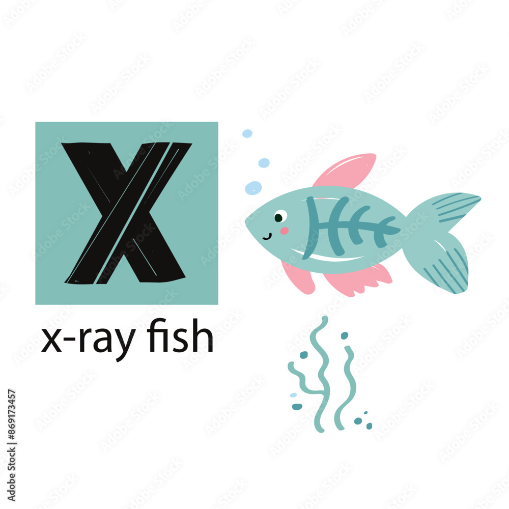 Animal alphabet letters. Cute baby animal letter X with x ray fish ...