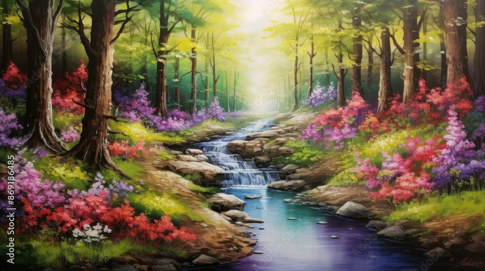 A beautiful landscape painting of a forest with a river running through ...