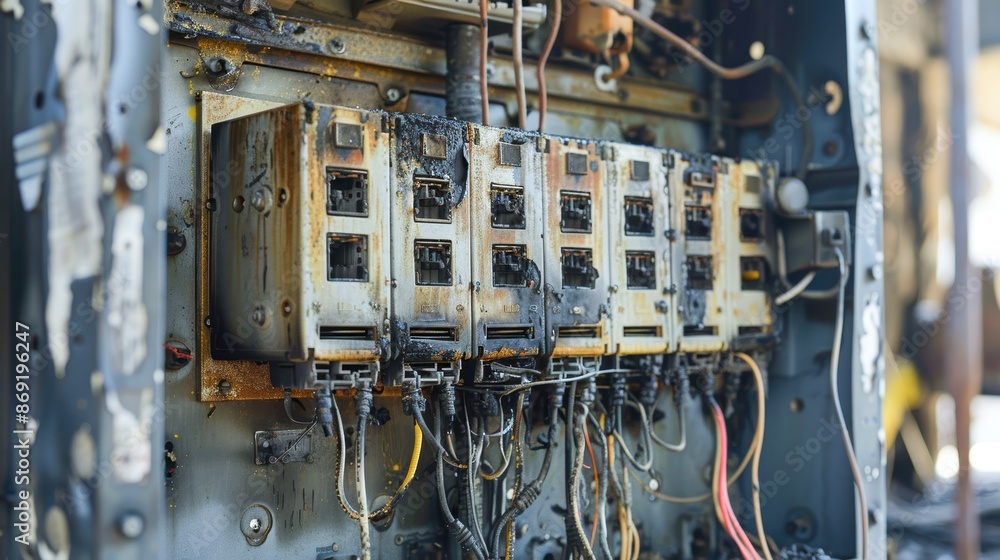 Burnt electrical panel with melted wires, electrical fire hazard ...