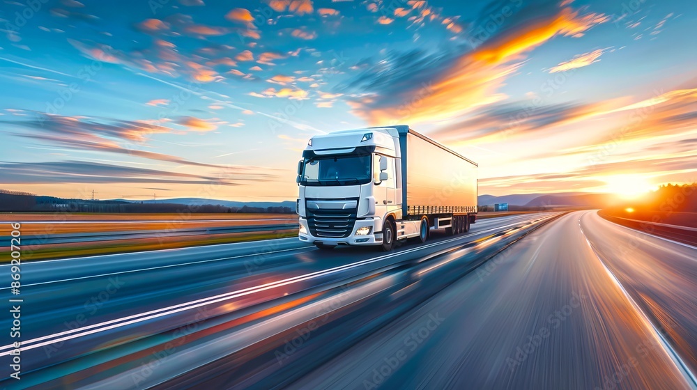 Modern truck driving on a highway during sunset. This high-resolution ...