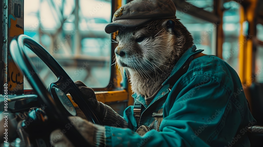 Surreal of a One Otter Working as a Train or Subway Driver in a Candid ...