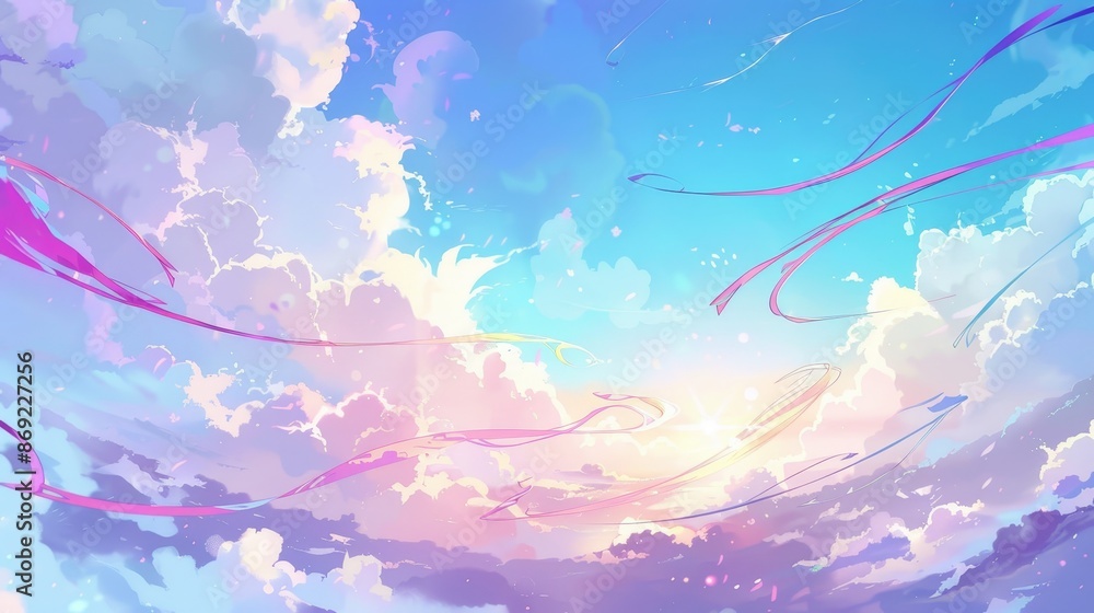 Modern background with anime clouds in blue heaven sky. Summer abstract ...