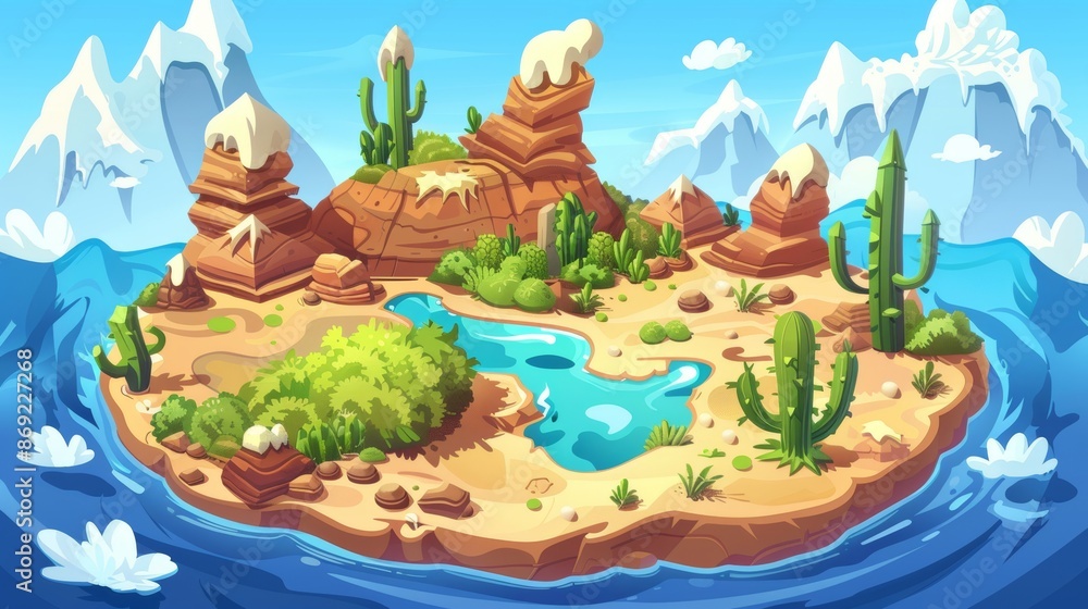 Ilustración de Stock An adventure game level map with an island in the ...