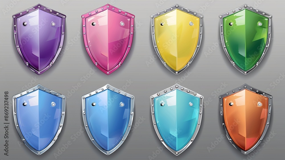 Decorative set of 3D glass shields isolated on transparent background ...