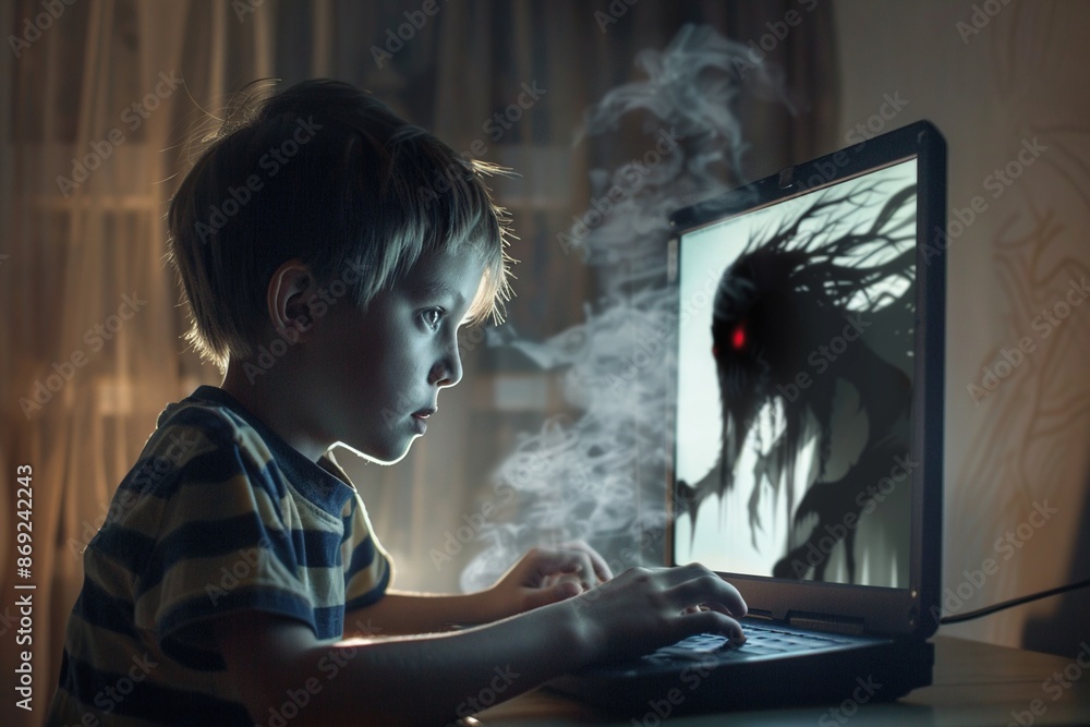 Illustration Stock Online predator concept. Young kid with laptop ...