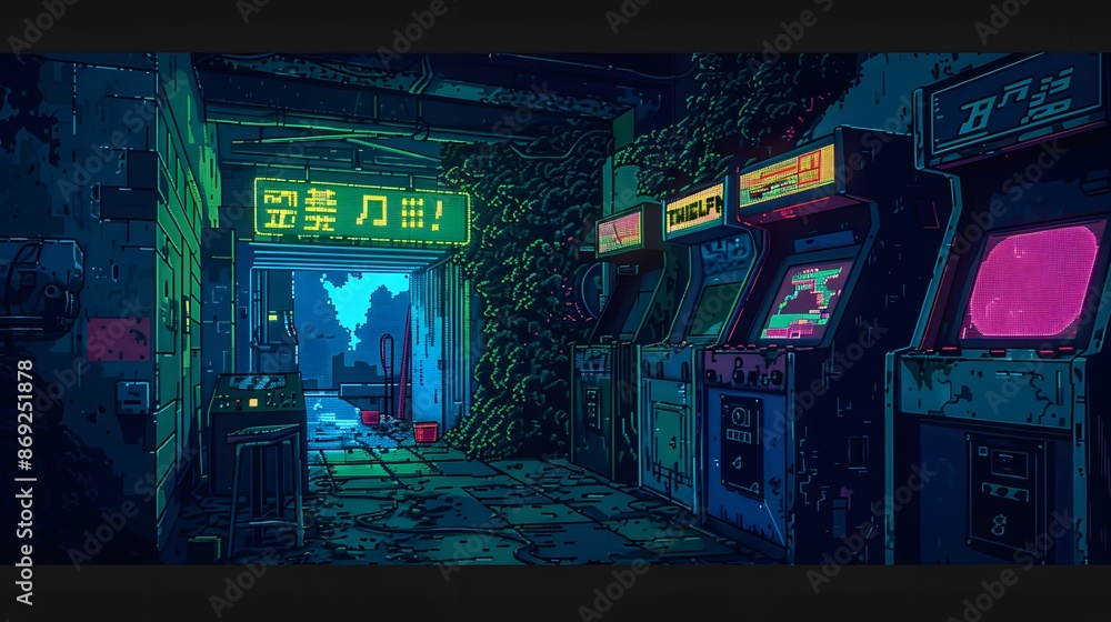 Game Arcade, pixel art style, retro video game aesthetics, blocky ...