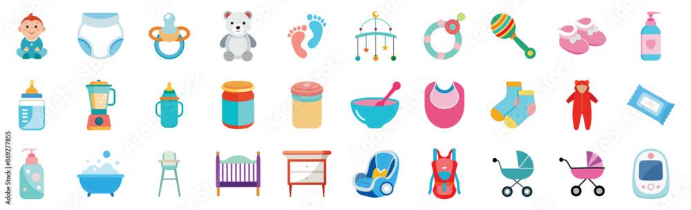 Baby care icons, items for infants and toddlers - diaper, stroller, car ...