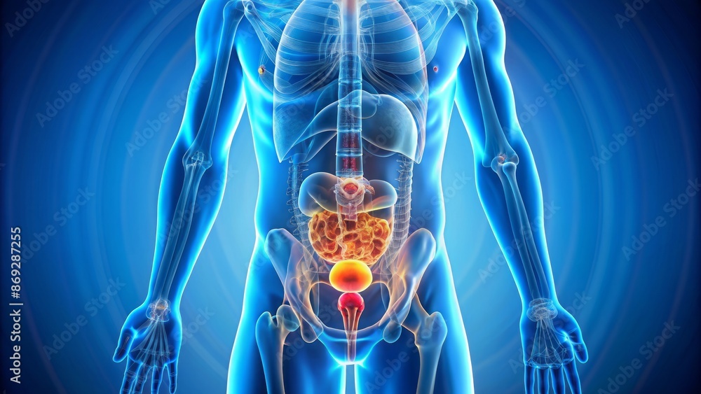 Detailed illustration of prostate gland and bladder anatomy surrounded ...