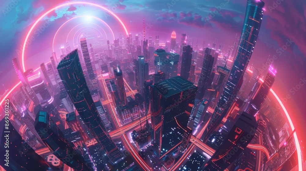 Cyberpunk night city with tron-inspired neon lights in a 360-degree ...