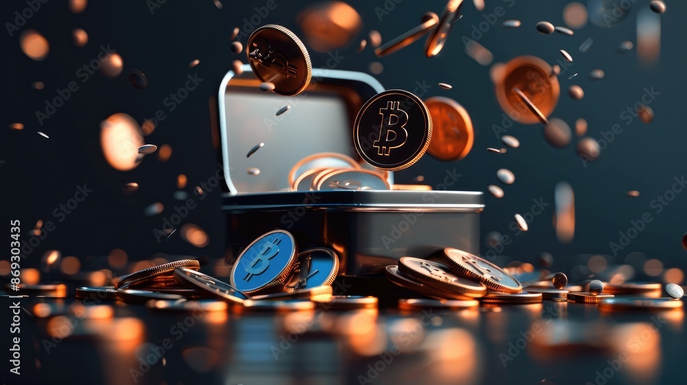 3D rendering of coins flying out from an open metal gift box, with a ...