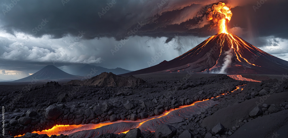 Fictitious representation of a volcanic eruption with heavy ash and ...