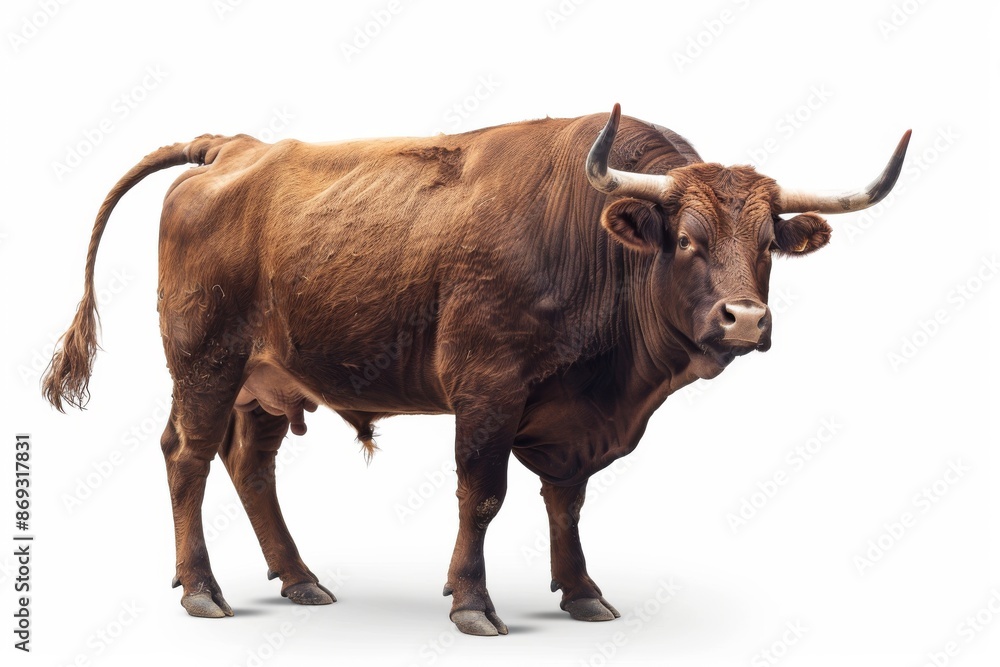 An isolated portrait of the strongest dark brown bull with muscles and ...