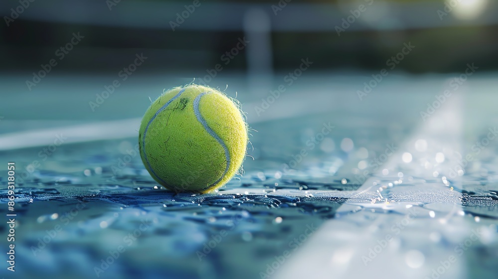 Detailed closeup of a tennis ball on the service line, highlighting the ...