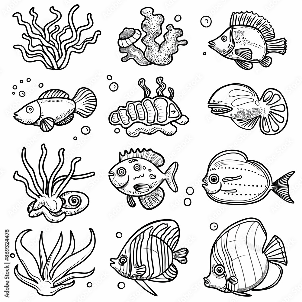 Simple drawings of marine animals to color. Cutout, white background ...
