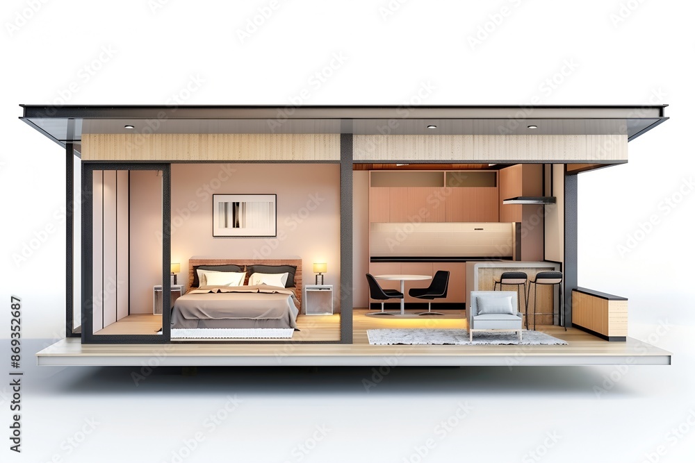 Miniature model of house in section with interior rooms, building ...