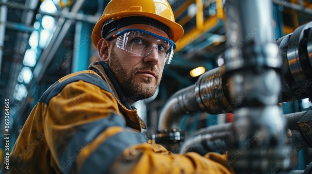 Male inspector conducting checks on steel pipes and elbows at refinery ...