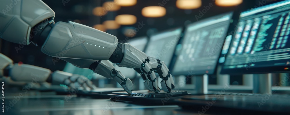 AIdriven data analysis with robotic arms adjusting monitors, scifi ...