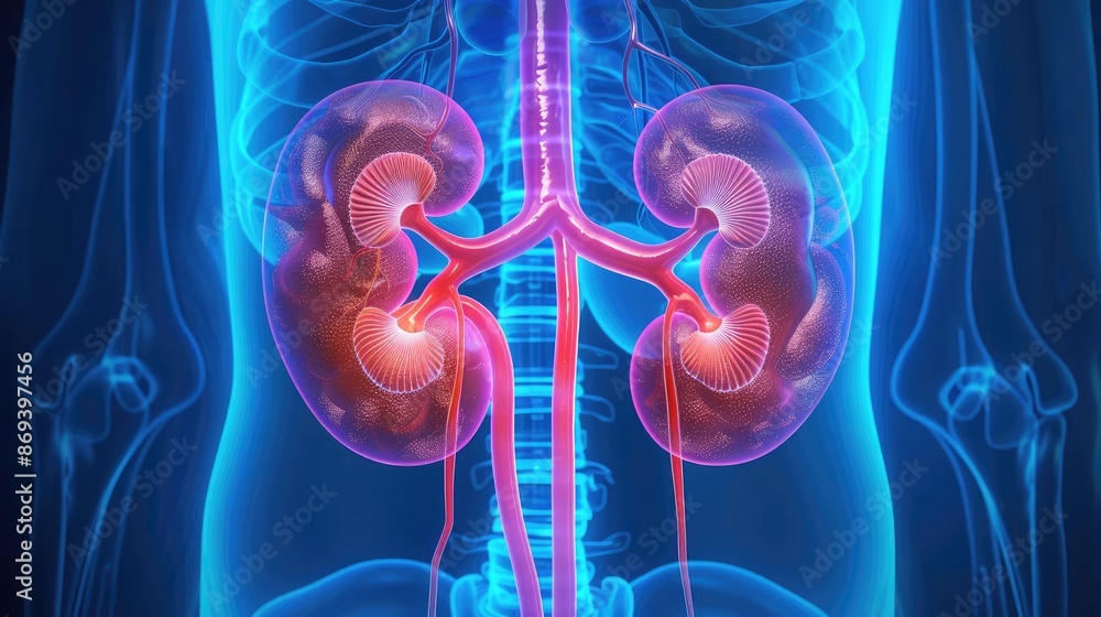 Detailed illustration of human kidneys, focusing on filtration and ...